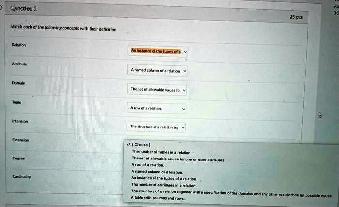 Question 1 Match Each Of The Following Concepts With Their Definition Relation Attribute Domain