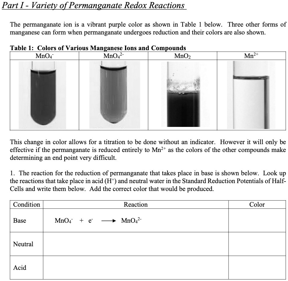 Part I: Variety of Permanganate Redox Reactions The permanganate ion is ...