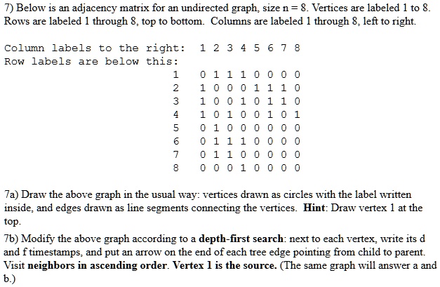 SOLVED: Below is an adjacency matrix for an undirected graph, size n = 8. Vertices are labeled 1 ...
