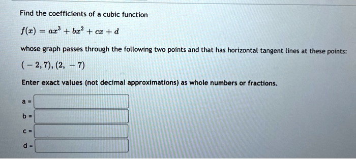 Find the coefficients of a cubic function f(x) = ax^3 + bx^2 + cx + d whose graph passes through ...