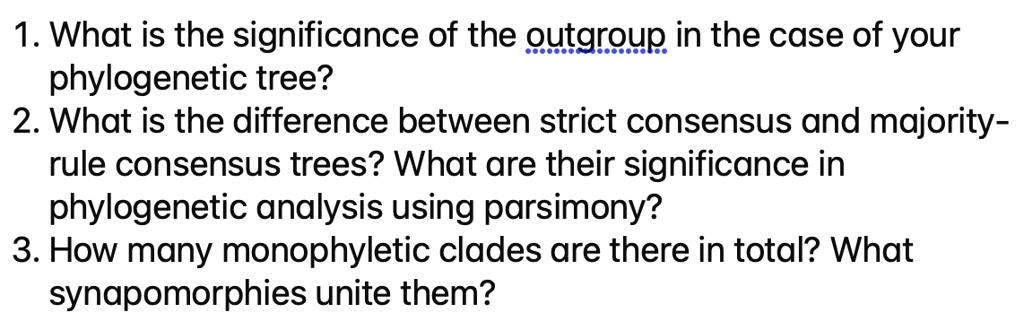 1. What is the significance of the outgroup in the case of your phylogenetic tree? 2. What is ...