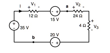 SOLVED: Find V1, V2, and V3, the current I and the voltage Vab for the single loop circuit shown ...