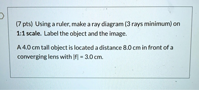(7 pts) Using a ruler, make a ray diagram (3 rays minimum) on 1:1 scale ...