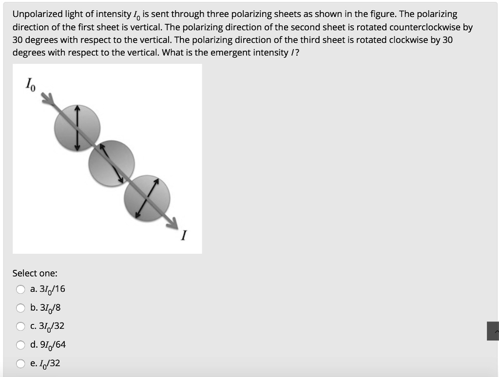SOLVED: Unpolarized light of intensity % is sent through three polarizing sheets as shown in the ...
