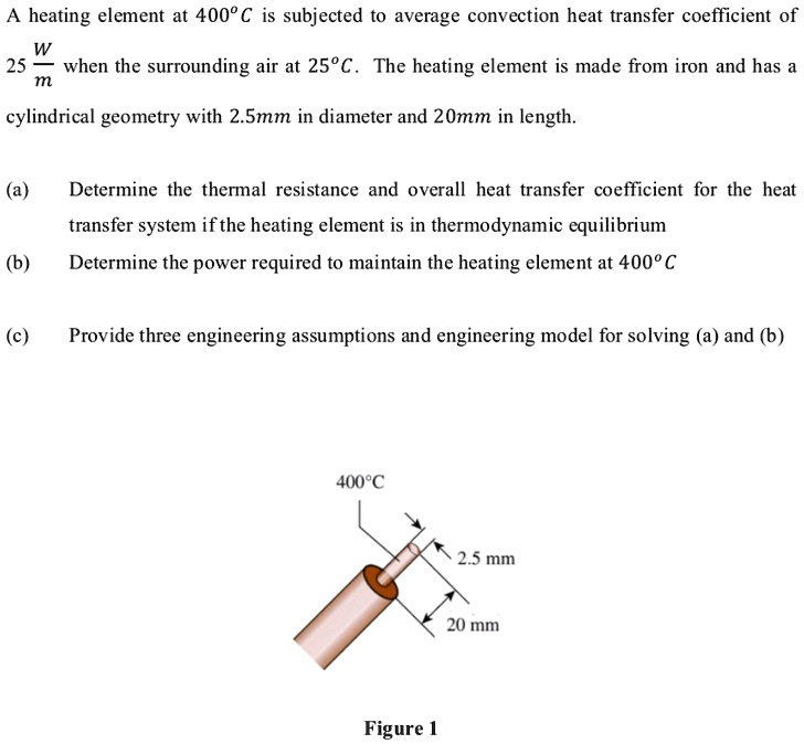 a heating element at 400c is subjected to average convection heat transfer coefficient of 25 ...