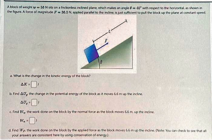 SOLVED: A block of weight w = 56 N sits on a frictionless inclined plane, which makes an angle ...