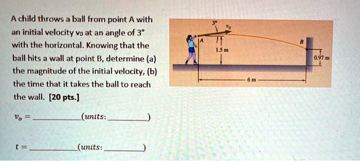 SOLVED: A child throws a ball from point A with an initial velocity v0 at an angle of 30Â° with ...
