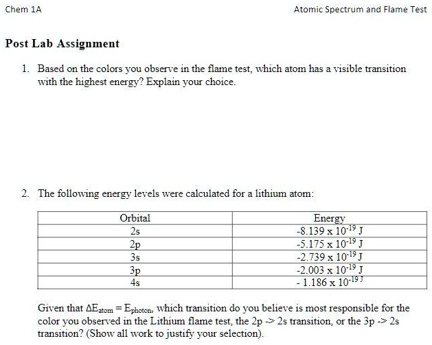SOLVED: Chem 1A Atomic Spectrum and Flame Test Post Lab Assignment 1 ...