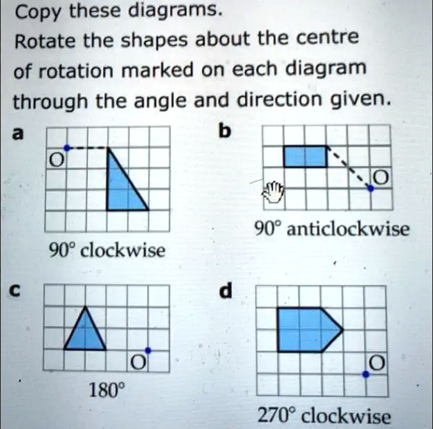 SOLVED: Copy these diagrams: Rotate the shapes about the centre of rotation marked on each ...