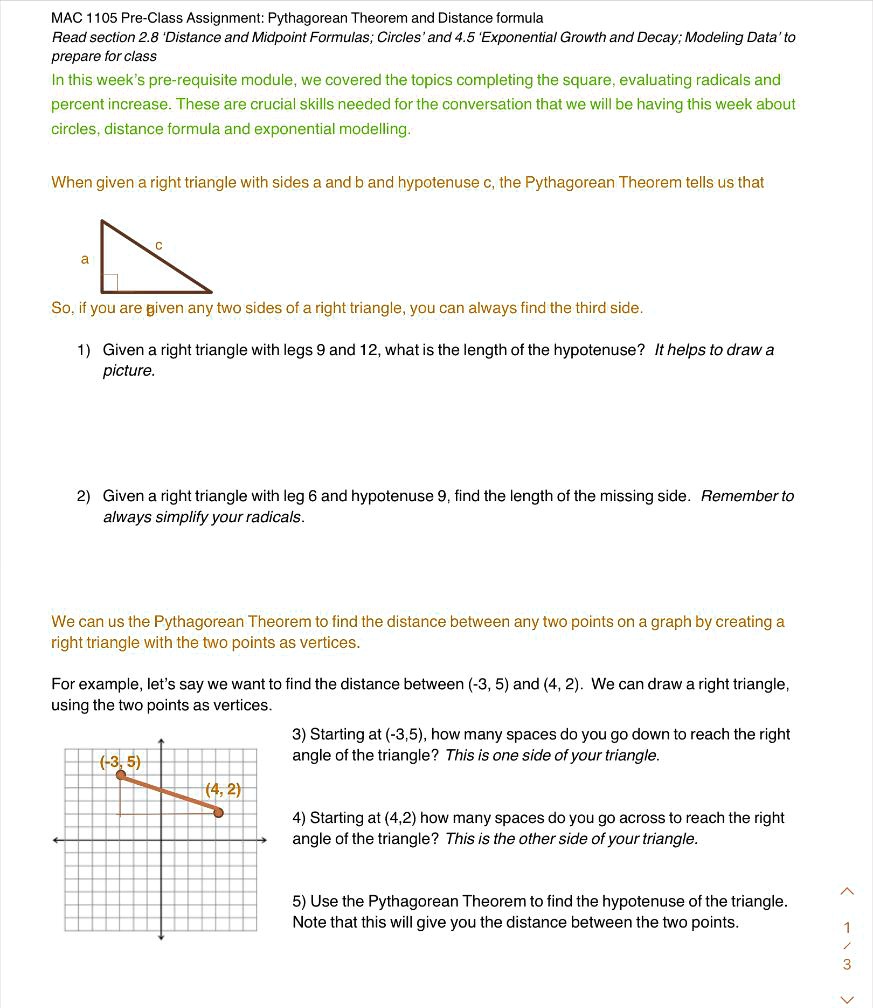 SOLVED:MAC 1105 Pre-Class Assignment: Pythagorean Theorem and Distance formula Read seclion 2.8 ...