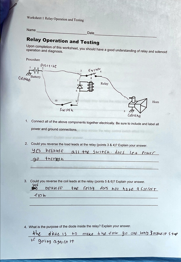 Worksheet 1 Relay Operation and Testing Name Date Relay Operation and ...
