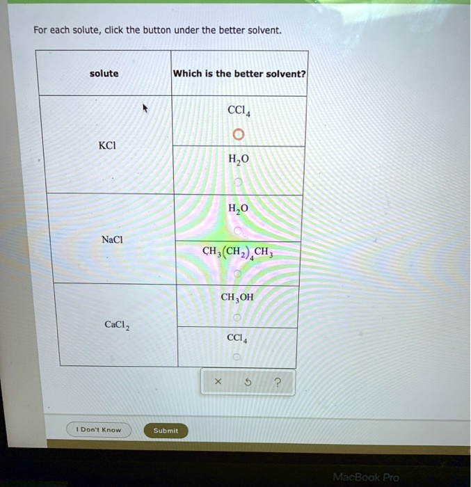 For each solute, click the button under the better solvent. solute Which is the better solvent ...