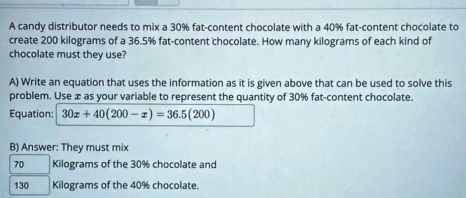 A candy distributor needs to mix a 30% fat-content chocolate with a 40% ...