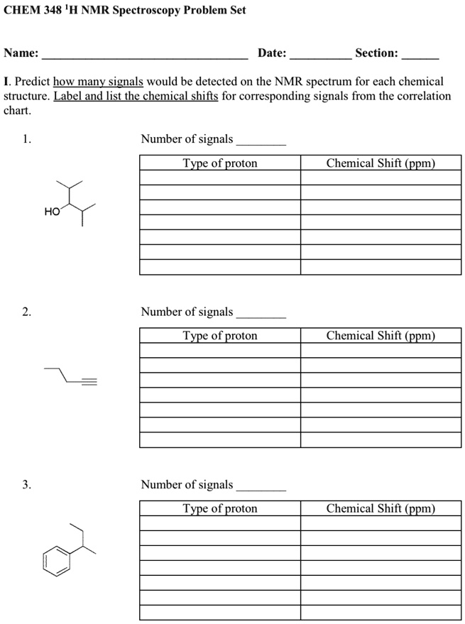 SOLVED: CHEM 348^(1)H NMR Spectroscopy Problem Set Name: Date: Section: I. Predict how many ...