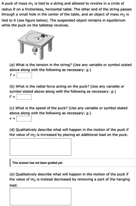 SOLVED: Puck of mass m1 tied to string and allowed to revolve in circle of radius R on ...
