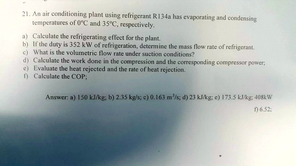 SOLVED: An air conditioning plant using refrigerant R134a has evaporating and condensing ...