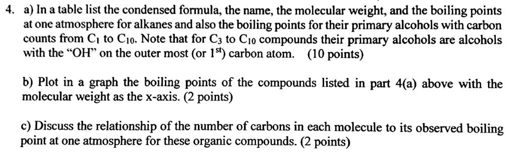 SOLVED: a) In a table list the condensed formula; the name, the molecular weight, and the ...