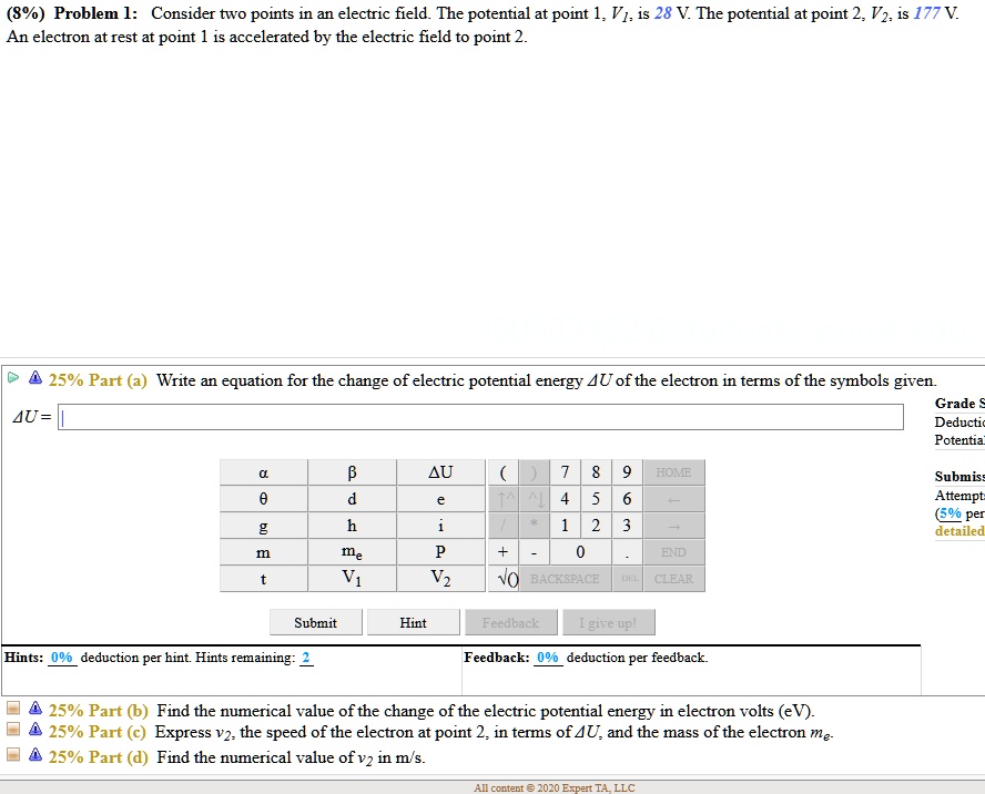SOLVED: %) Problem l: Consider two points in an electric field. The ...