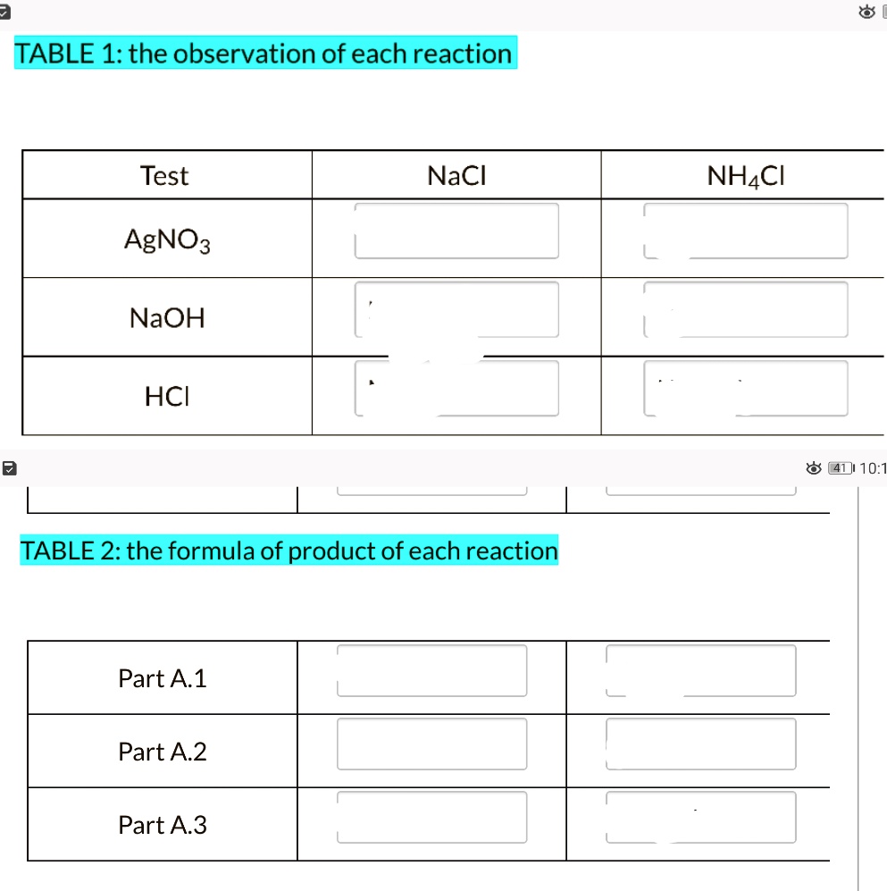 SOLVED: TABLE 1: the observation of each reaction Test NaCl NHACI AgNO3 ...
