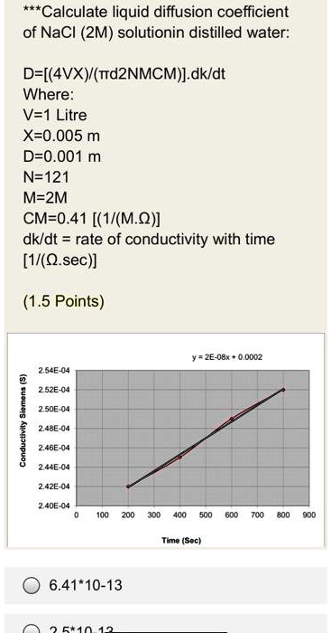***Calculate liquid diffusion coefficient of NaCl (2M) solutionin distilled water: D=[(4VX ...