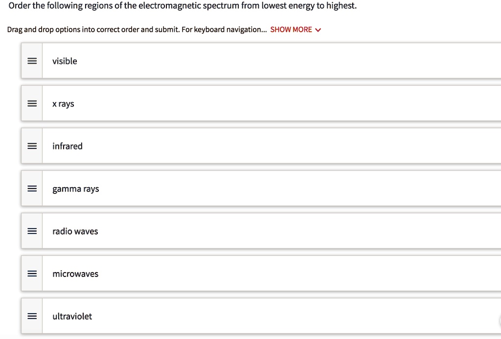 SOLVED: Order the following regions of the electromagnetic spectrum ...