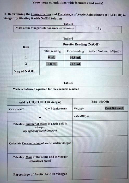 SOLVED: II - Determining the Concentration and Percentage of Acetic Acid Solution (CH3COOH) in ...