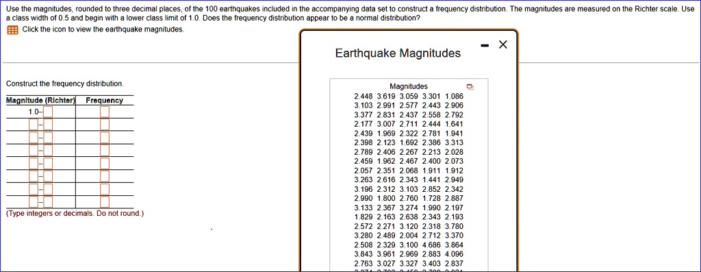 SOLVED: Use the magnitudes, rounded to three decimal places, of the 100 earthquakes included in ...