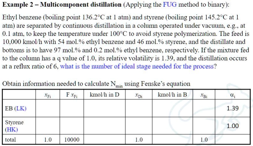 SOLVED: Example 2 - Multicomponent distillation (Applying the FUG method to binary) Ethyl ...