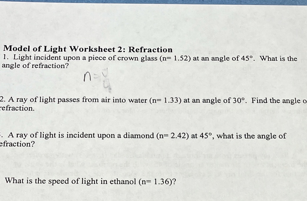 Model of Light Worksheet 2: Refraction 1. Light incident upon a piece ...