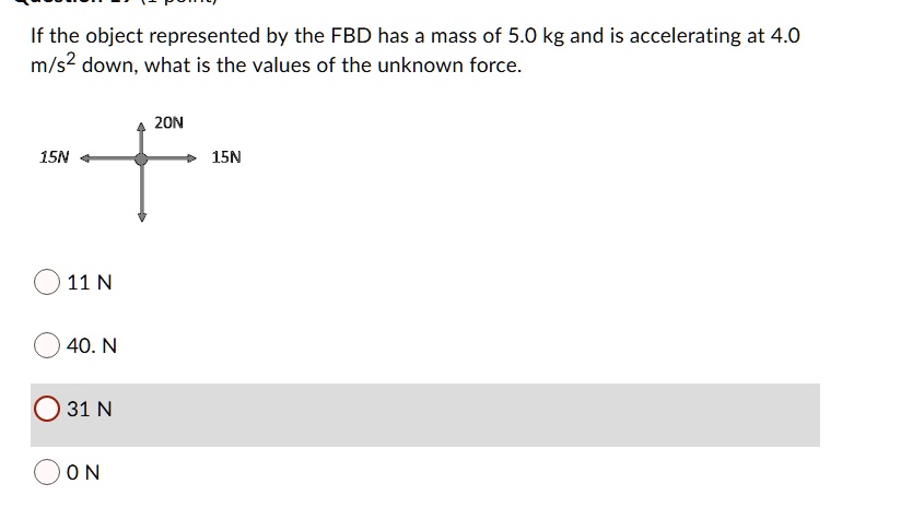 SOLVED: If the object represented by the FBD has a mass of 5.0 kg and is accelerating at 4.0 m/s ...