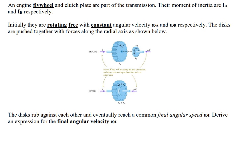An engine flywheel and clutch plate are part of the transmission. Their moment of inertia are IA ...