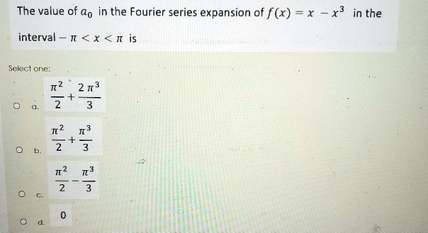 SOLVED: The value of a0 in the Fourier series expansion of f (x) = x ...