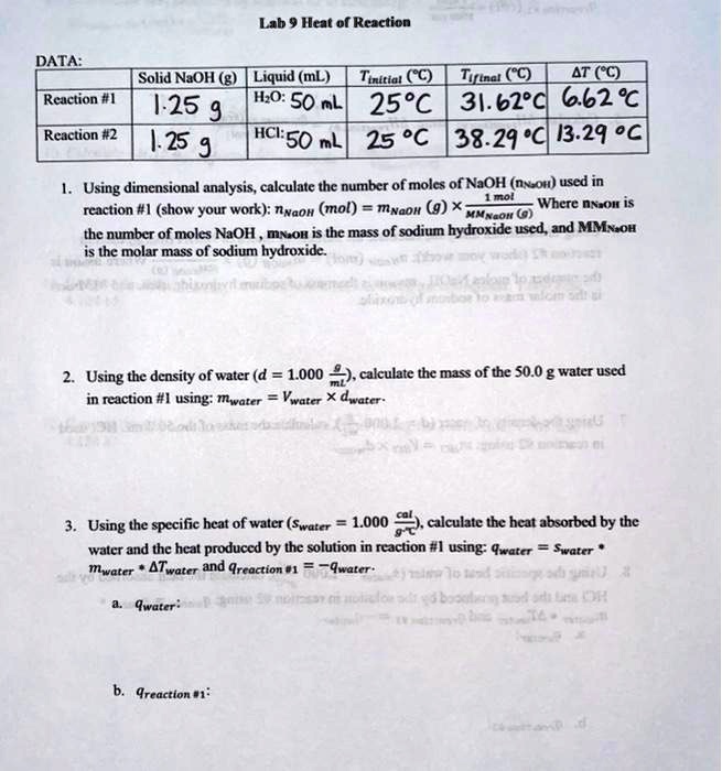 SOLVED: Title: Lab Heat of Reaction DATA: Solid NaOH (8 g) Liquid (mL) Initial Temperature (Â°C ...