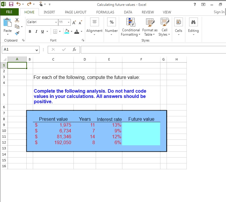 SOLVED: Calculating future values in Excel HOME INSERT PAGE LAYOUT FORMULAS DATA REVIEW VIEW ...