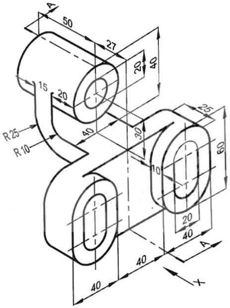 draw the front view and top view and left hand side view , with showing ...