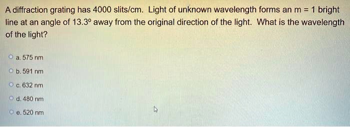SOLVED: A diffraction grating has 4000 slits per centimeter. Light of unknown wavelength forms ...