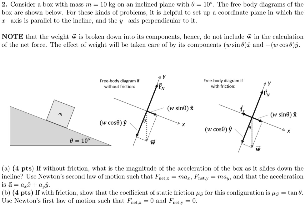 SOLVED: Consider a box with mass m=10kg on an inclined plane with heta ...