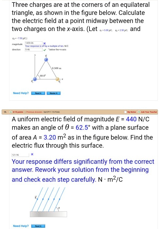 Three charges are at the corners of an equilateral triangle, as shown ...