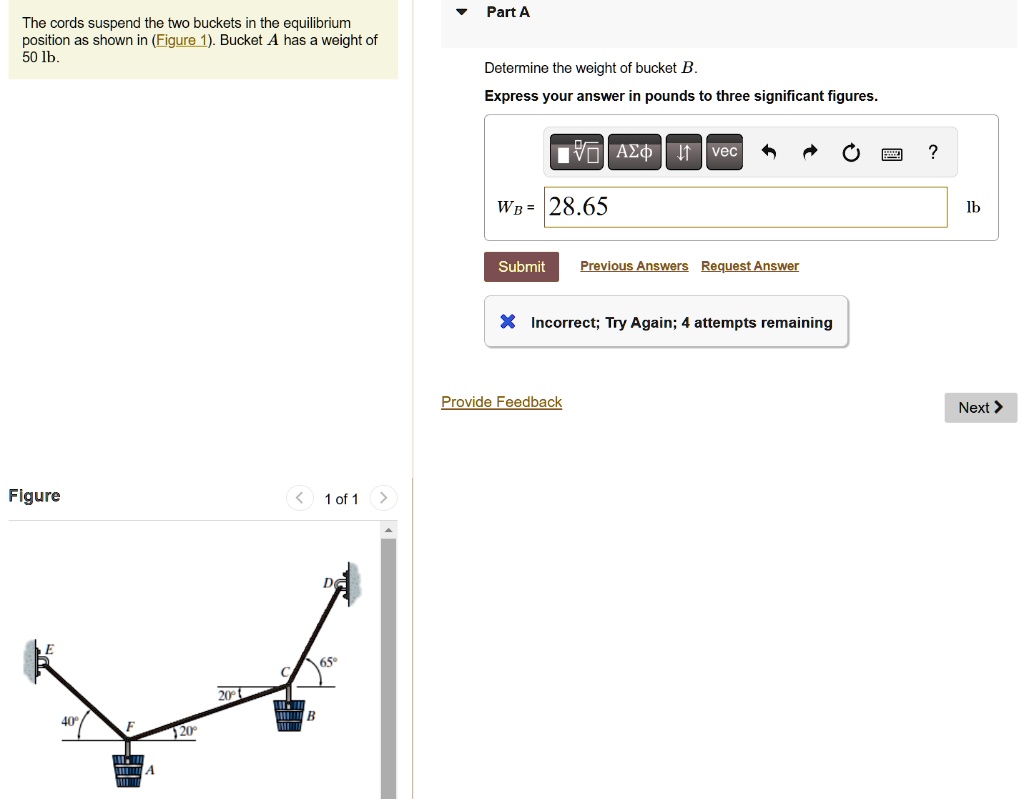 Part A The cords suspend the two buckets in the equilibrium position as ...