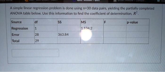 SOLVED: A simple linear regression problem is done using n-30 data pairs, vielding the partially ...