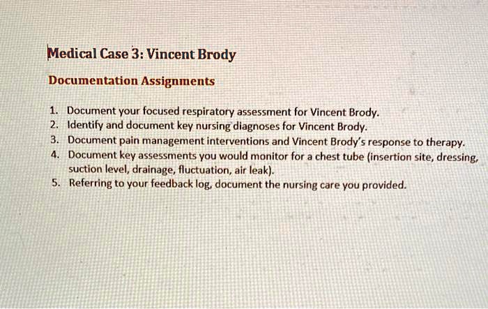 SOLVED: Medical Case 3: Vincent Brody Documentation Assignments 1. Document your focused ...