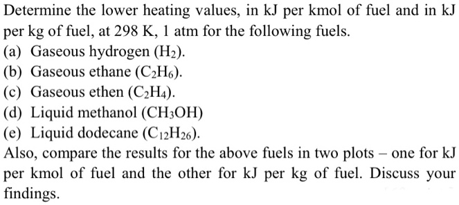 SOLVED: Determine the lower heating values, in kJ per kmol of fuel and ...