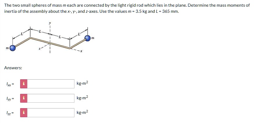 SOLVED: The two small spheres of mass m each are connected by the light rigid rod which lies in ...