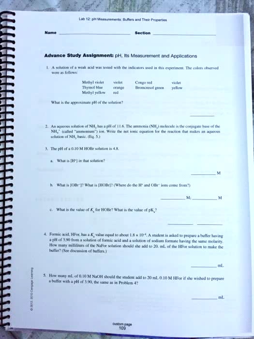 2012, 2010 Cengage Learning Name Lab 12: pH Measurements: Buffers and ...