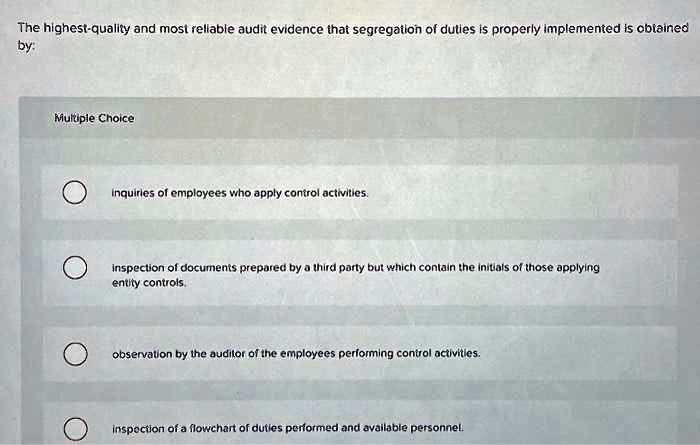 The highest-quality and most reliable audit evidence that segregation ...