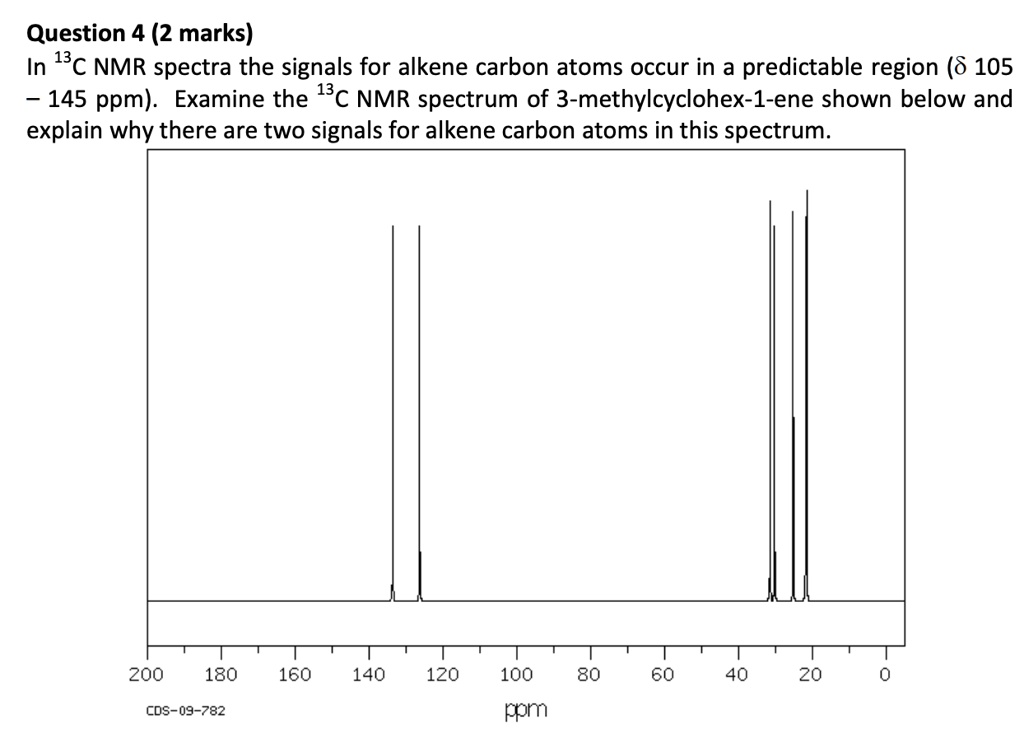 SOLVED:Question 4 (2 marks) In 13C NMR spectra the signals for alkene ...