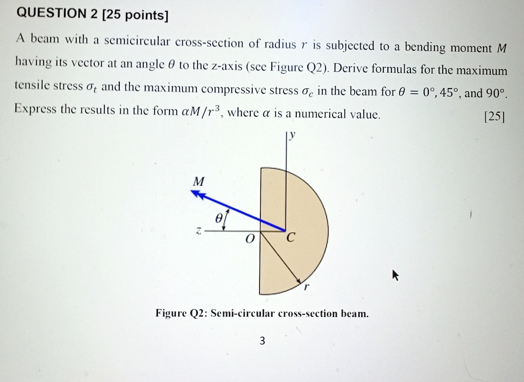 QUESTION 2 [25 points] A beam with a semicircular cross-section of ...