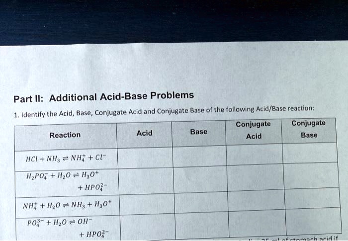 SOLVED:Part Il: Additional Acid-Base Problems Identify the Acid; Base ...