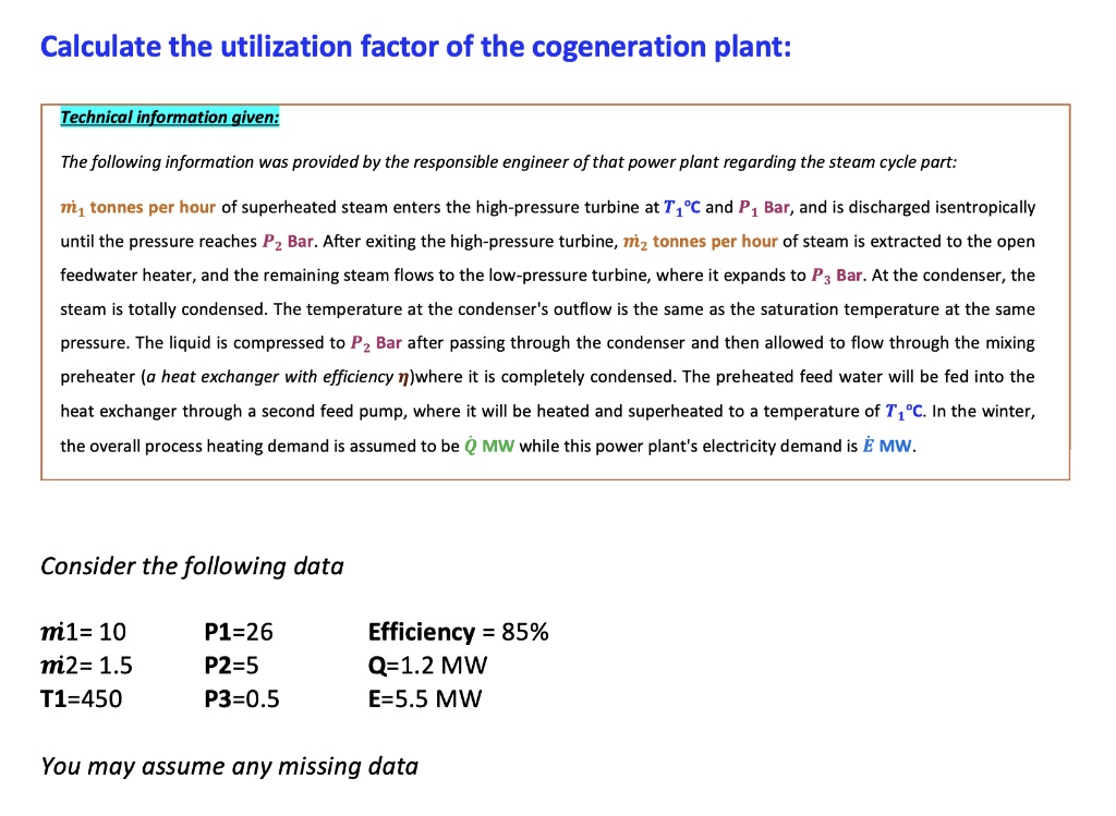 SOLVED: Calculate the utilization factor of the cogeneration plant ...