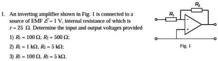 1. An inverting amplifier shown in Fig. 1 is connected to a source of EMF ℰ = 1 V, internal ...